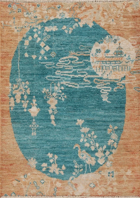 PICTORIAL ART DECO Design Teal Blue 3x4 ft. Oushak Turkish Rug ...