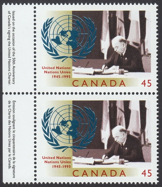 UNITED NATIONS 50TH =Litho+ FOIL Stamping =Left Descr Pair Canada 1995 ...