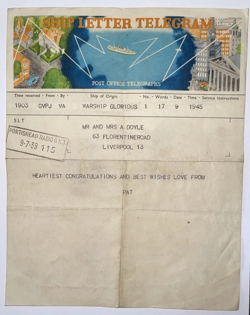 WW2 SHIP LETTER Telegram Sent From HMS Glorious 1939 $21.40 - PicClick