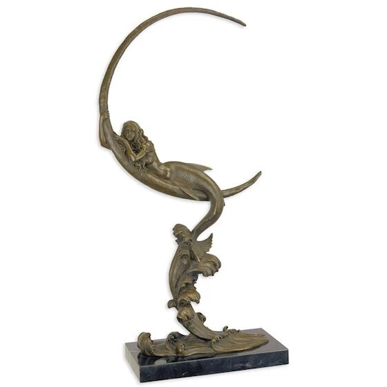 9934225-DS GRAND BRONZE Sculpture Figurine Sirène Ondine Croissant ...