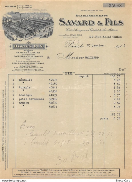 FACTURE 1912 Bijoux Fix Ets Savard Et Fils A Paris-M. Malizard A ...