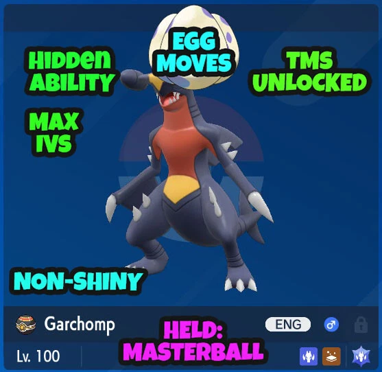 POKEMON SCARLET VIOLET (#128) GARCHOMP - Egg Moves/H Abilities/TMs/IVs ...