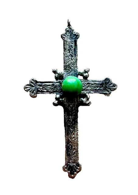 MEDIEVAL SILVER PECTORAL cross with Crucifixion & green stone ...