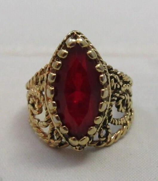 VINTAGE 18K GE Marked Faux Ruby? Marquis Solitaire Filigree Ring Gold ...