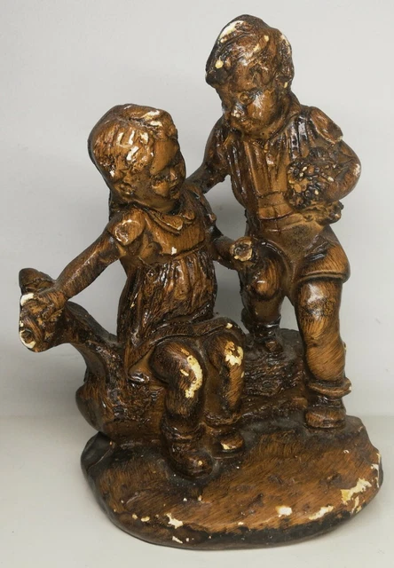 ANTIQUE FIGURE IN Plaster Cast Two Enfants Seated On One Branch ...