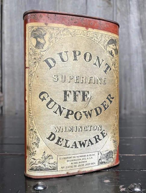 EARLY VINTAGE 1920S DUPONT FFF Hunting Gun Powder Tin Can EMPTY Paper ...