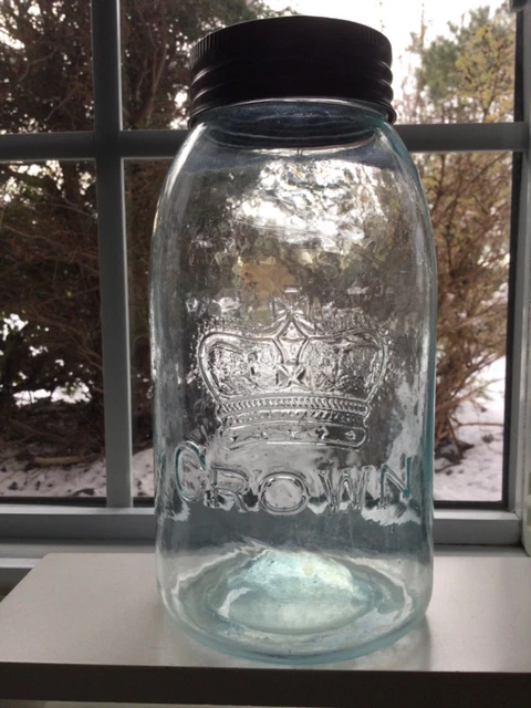 RARE VINTAGE WHITTLED Aqua “CLOUD” Half Gallon CROWN Canning Jar - Nice ...