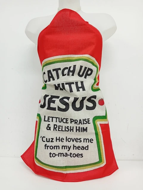 CATCH UP WITH Jesus Novelty Apron Red White Green Kitchen Cooking ...
