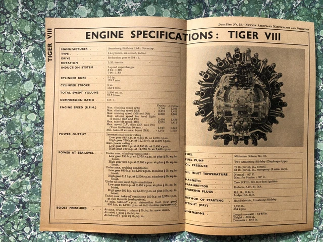NEWNES AEROPLANE DATA Sheet Engine Specifications Tiger VIII Armstrong ...