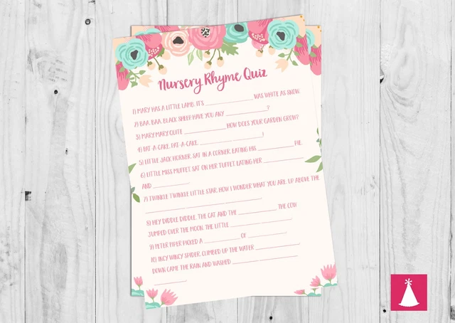 BABY SHOWER GAME, Nursery Rhyme Quiz, Pink, Floral, It's a Girl. £5.99 ...