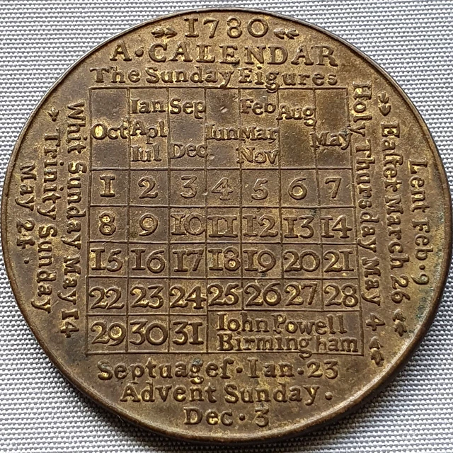 1780 CALENDAR MEDAL John Powell Birmingham Brass 38mm Fantastic ...