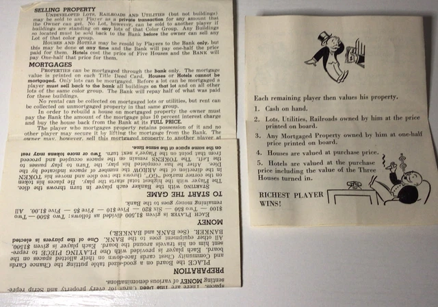 1951 MONOPOLY INSTRUCTIONS Rules How To Play Collector Board Game ...