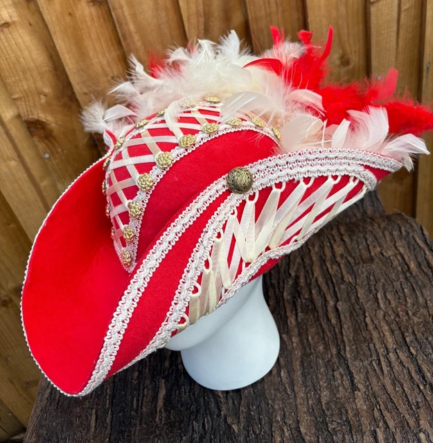 STUNNING RED CREAM Wool Tricorn Pirate Hat Renaissance Feathers Corset ...