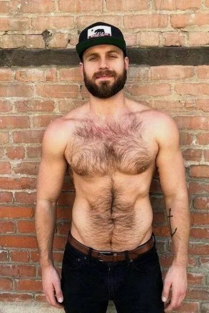 Shirtless Male Muscular Huge Hairy Chest Bearded Beefcake Hunk Photo