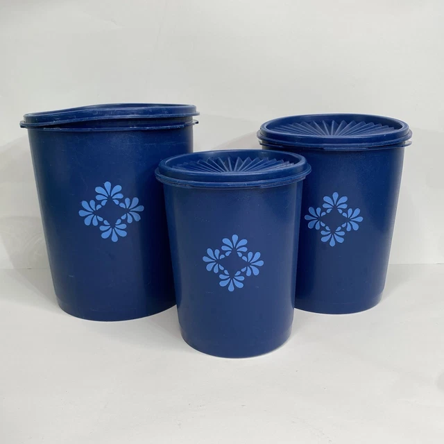 VINTAGE TUPPERWARE 3 Blue Canister Servalier Nesting set Lids $39.99 ...