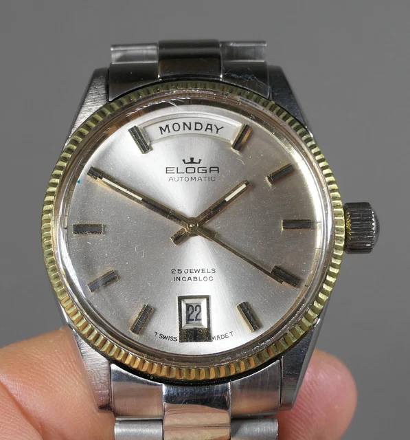 VINTAGE SWISS MADE Stainless Steel Eloga Automatic Wrist Watch Ticking ...