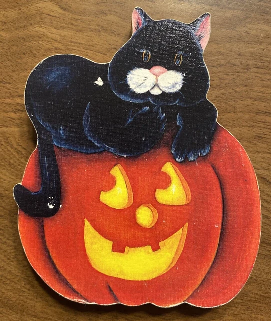 VINTAGE HALLOWEEN BLACK Cat Kitten Kitty Jack ‘o Lantern Wood Die cut ...