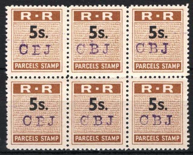 RHODESIA RAILWAYS PARCEL Stamp 5s *CBJ* PROVISIONAL Block Six Mint MNH ...
