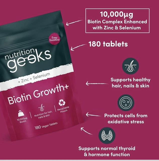 BIOTIN HAIR GROWTH Supplement - 180 Vegan Tablets Enhanced with Zinc ...
