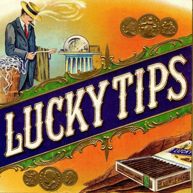 C1913 LUCKY TIPS Cigar Box Label Man Reading Stock Market Ticker Tape ...