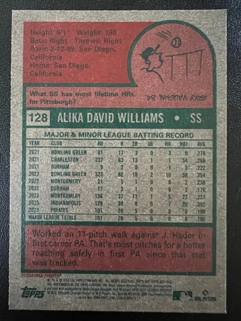 CARTA ROOKIE 2024 Topps Heritage Alika Williams #128 Pittsburgh Pirates ...