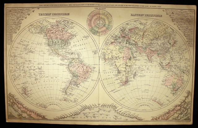 ANTIQUE MAP 1879 Gray's New Map of The World in Hemispheres Hand ...