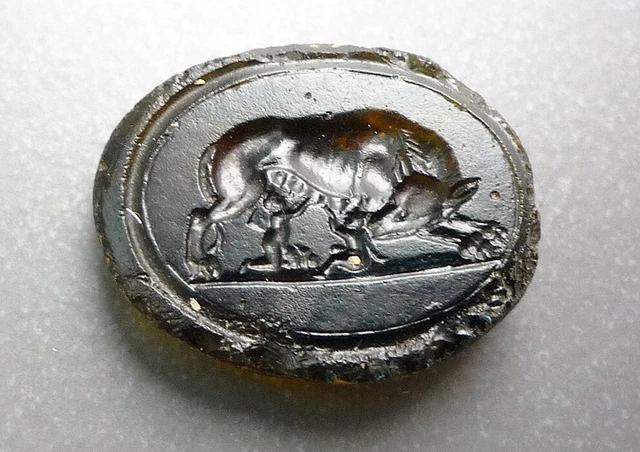 ANTIQUE GEORGIAN BROWN Glass Intaglio Seal Of Romulus, Remus And The ...