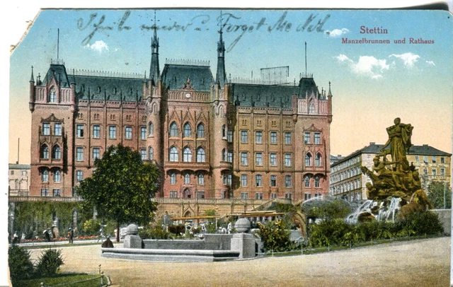POLAND GERMANY SZCZECIN Stettin Manzelbrunnen und Rathaus 1920 cover on ...
