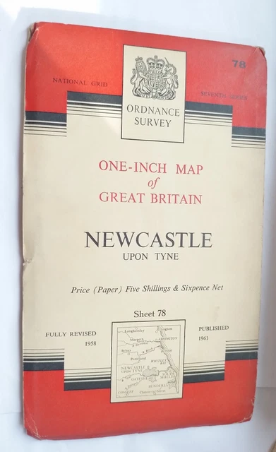 VINTAGE OLD 1960S Road Map Of England National GRID Sheet 78 Newcastle ...