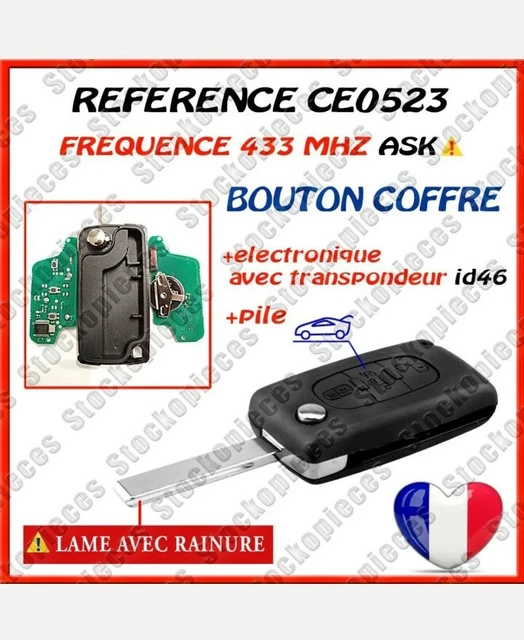 CLE VIERGE CE0523 Ask Bouton Coffre Compatible Peugeot 207 307 308 407 ...