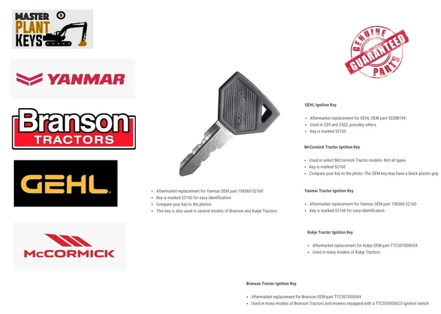 YANMAR BRANSON MCCORMICK Tractor Ignition Key OEM 198360-52160 Master ...