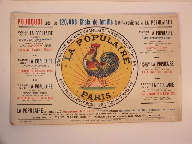 + ANCIEN GRAND Buvard Assurance la Populaire - Coq Français Paris + EUR ...
