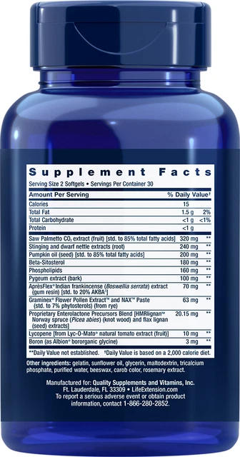 LIFE EXTENSION ULTRA Natural Prostate 60 gels Pygeum/Beta Sitosterol ...