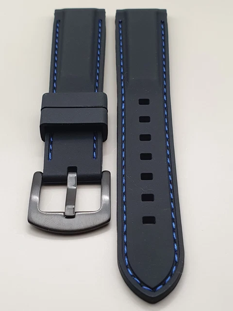 SAMCO 20MM BLACK Silicone Rubber Watch Strap BLUE Stitch BLACK Buckle💢 ...