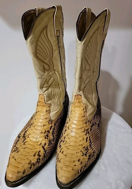 VINTAGE MENS EXOTIC Python Cream Brown Leather Embroidered Cowboy ...