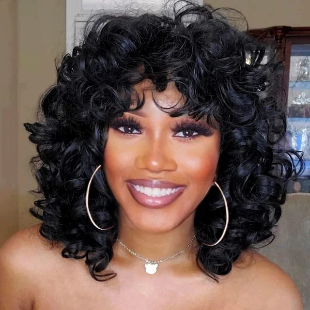 AFRICAN SYNTHETIC WIGS Black Wavy Hair Afro Short Curly Wig Retro ...