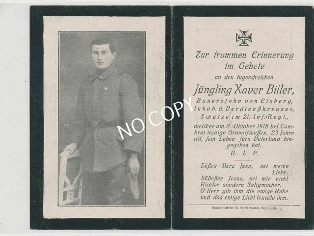 PHOTO WK1 REMEMBRANCE Card Fallen German Soldier Jüngling Xaver Biller ...