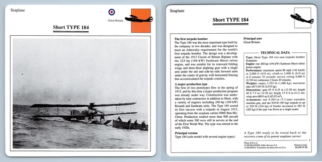 SHORT TYPE 184 - Seaplane - Warplanes Collectors Club Card £1.25 ...
