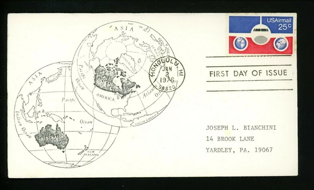 JOSEPH BIANCHINI CACHET FDC #C89 (JB#21) Avion et Globe 1/2/1976 ...