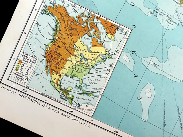 MAP OF NORTH America Canada USA Physical Geography Post WW1 Antique ...