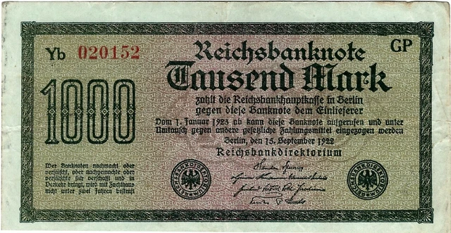 REICHSBANKNOTE 1000 MARK 1922 Berlin Reichsbank DEU-86d Ro.75q P-76g ...