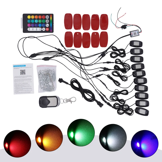 10 PODS RGB LED Rock Light Kit Soubassement Néon Musique Lampe Sans Fil ...