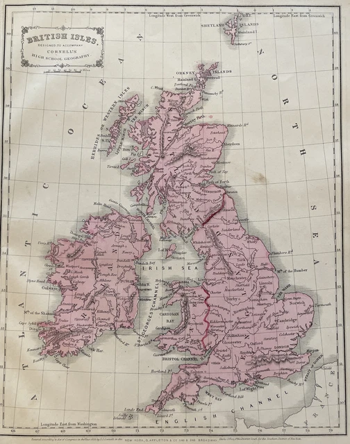 BRITISH ISLES MAP 1875 LARGE ORIGINAL Counties Townships Railways ...