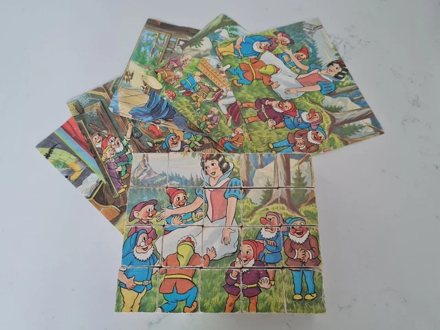 VINTAGE 1960S DISNEY Snow White 7 Dwarfs Cube Picture Puzzle 6 Scenes ...