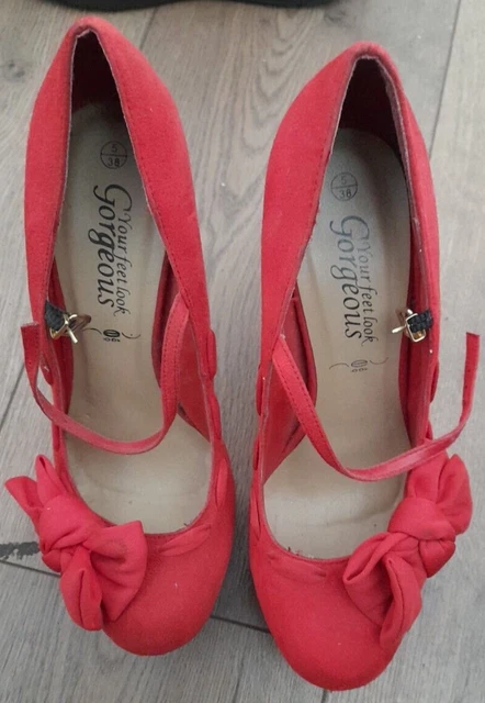 NEW LOOK RED faux suede platform shoes size 5 bows, 1.5" sole 5.5" heel ...
