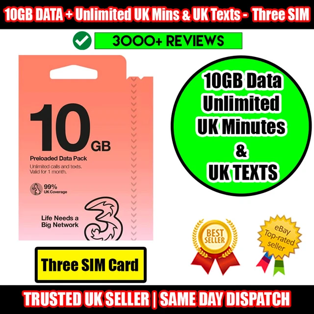 THREE SUPERCHARGED 5G Activated SIM with 10GB DATA + Unlimited Minutes ...