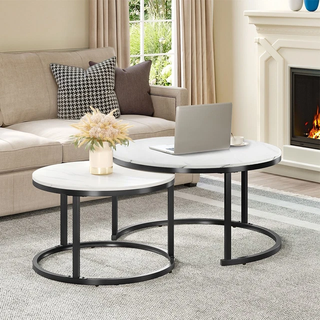 COFFEE TABLE SET of 2 Round Nesting Table Marble Pattern Side Table End ...