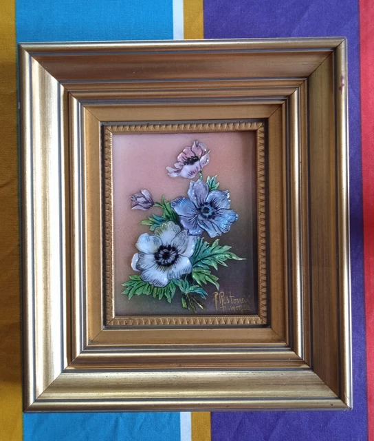 SUPERBE TABLEAU FLEURS Émail Limoges, signé René Restoueix, M.O.F. EUR ...