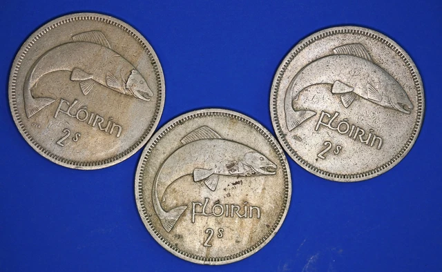 COLLECTION OF 3 Irish Ireland EIRE florins, Salmon coins, various dates ...
