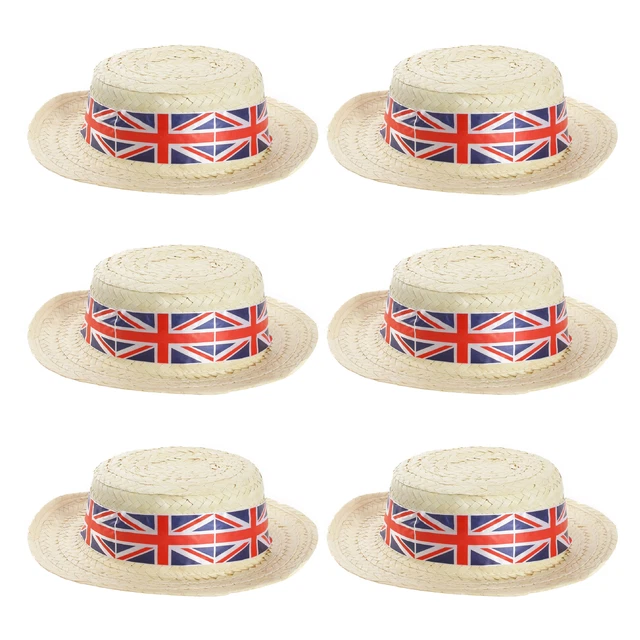 PACK OF 6 Union Jack Straw Boater Hats England British Royal Fancy ...